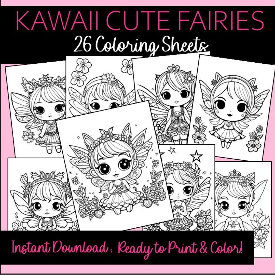Cute Kawaii Coloring Pages, Kids Fairy Coloring Sheets, Fairy Party ...