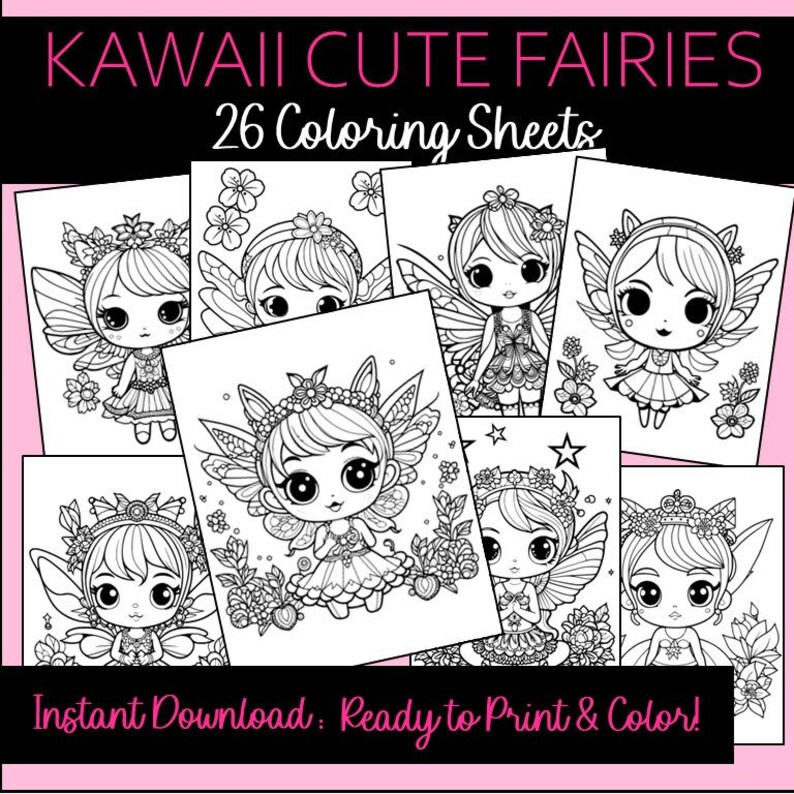 Cute Kawaii Coloring Pages, Kids Fairy Coloring Sheets, Fairy Party ...