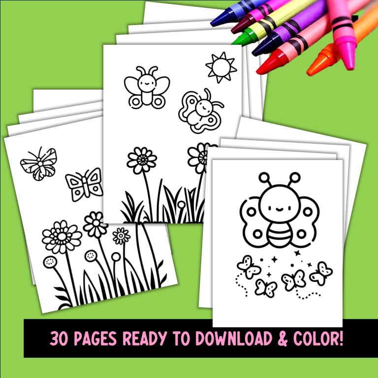 Printable Cute Butterfly & Flowers Coloring Pages for Kids - Etsy