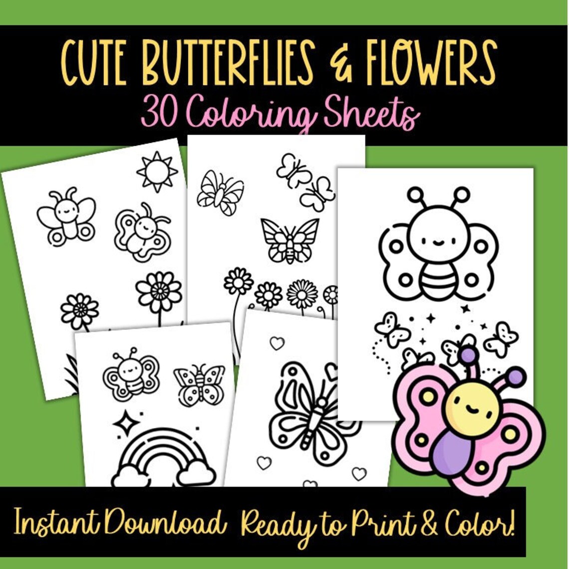 Preschool Cute Butterfly & Flowers Coloring Pages for Kids, Fun ...