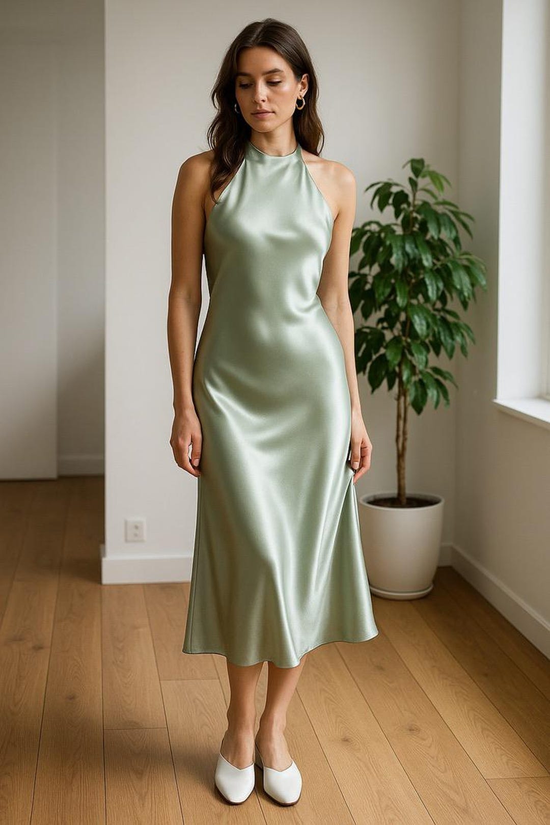 Sage Satin Slip Dress: Halter Neck, Backless Midi, Silky Minimalist ...