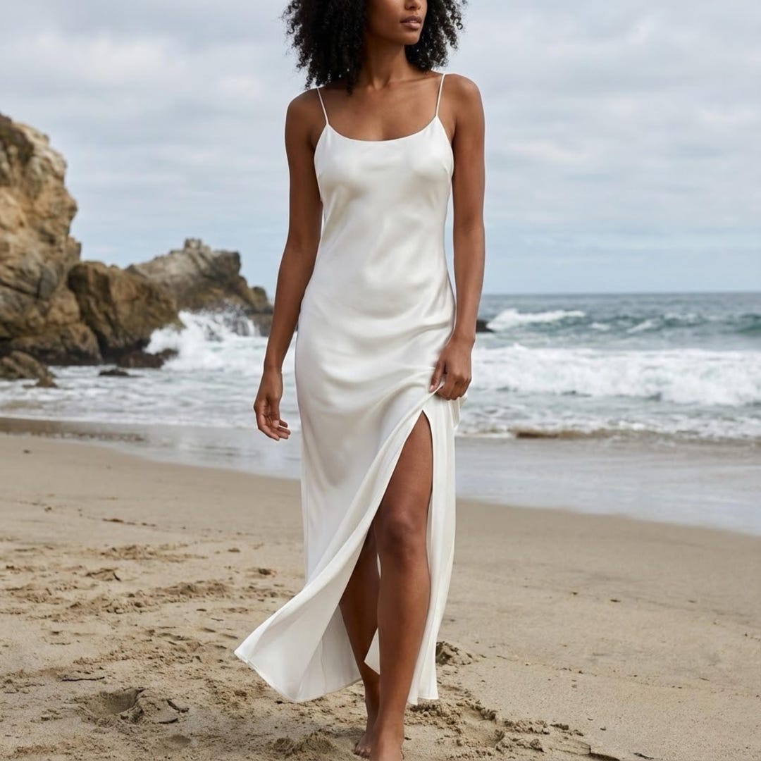 Minimalist Satin Dress: Slip Maxi With Side Slit, Backless Spaghetti ...