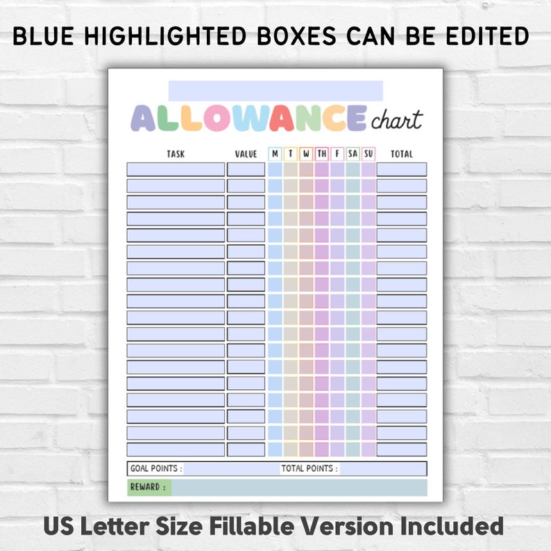Editable Allowance Chart, Kids Reward Bucks, Printable, Mom Bucks, Kids ...