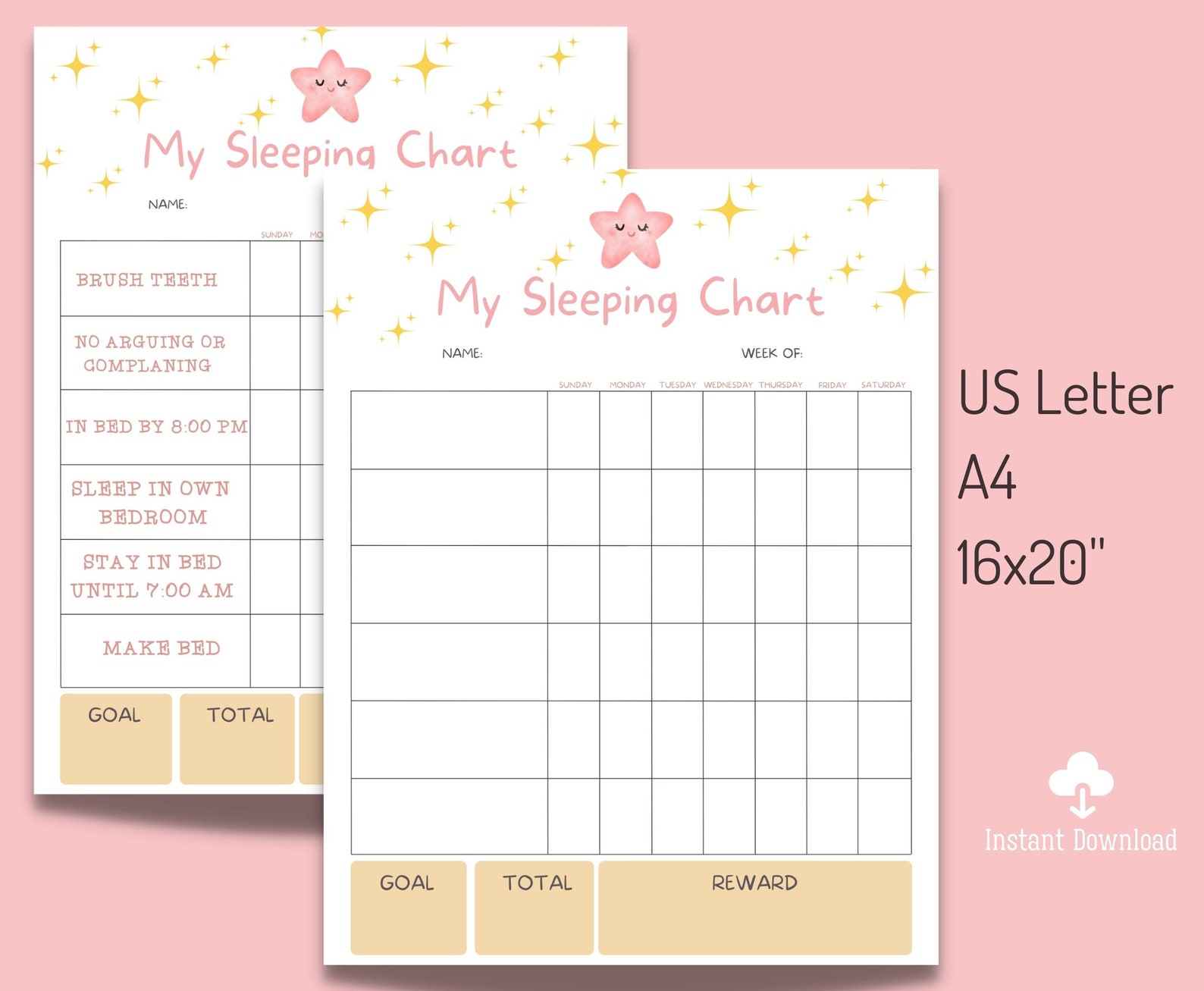 Printable Kid's Sleeping Chart, Kids Stay in Bed All Night Reward Chart ...