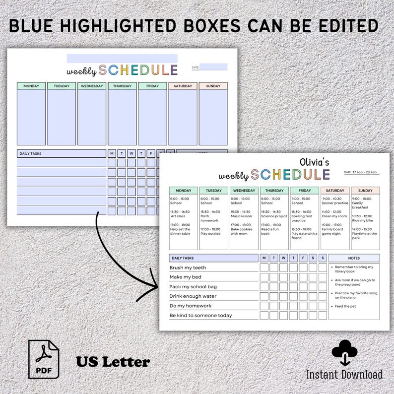 Editable Weekly Schedule for Kids | Kids Weekly Planner PDF | Weekly ...