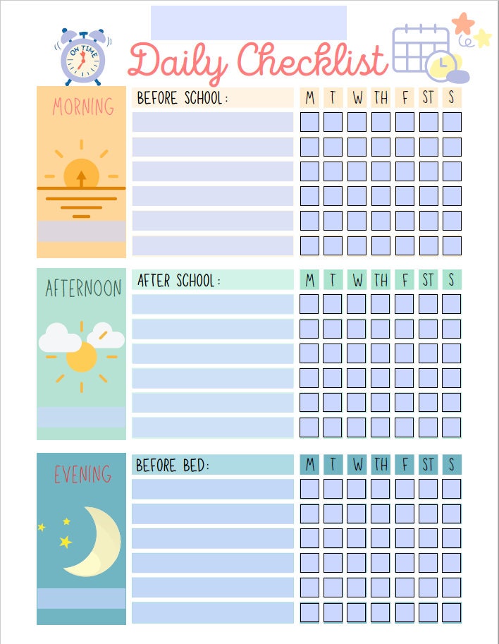 Kids Daily Checklist, Kids Planner, Kids Checklist, Kids Daily Routine ...