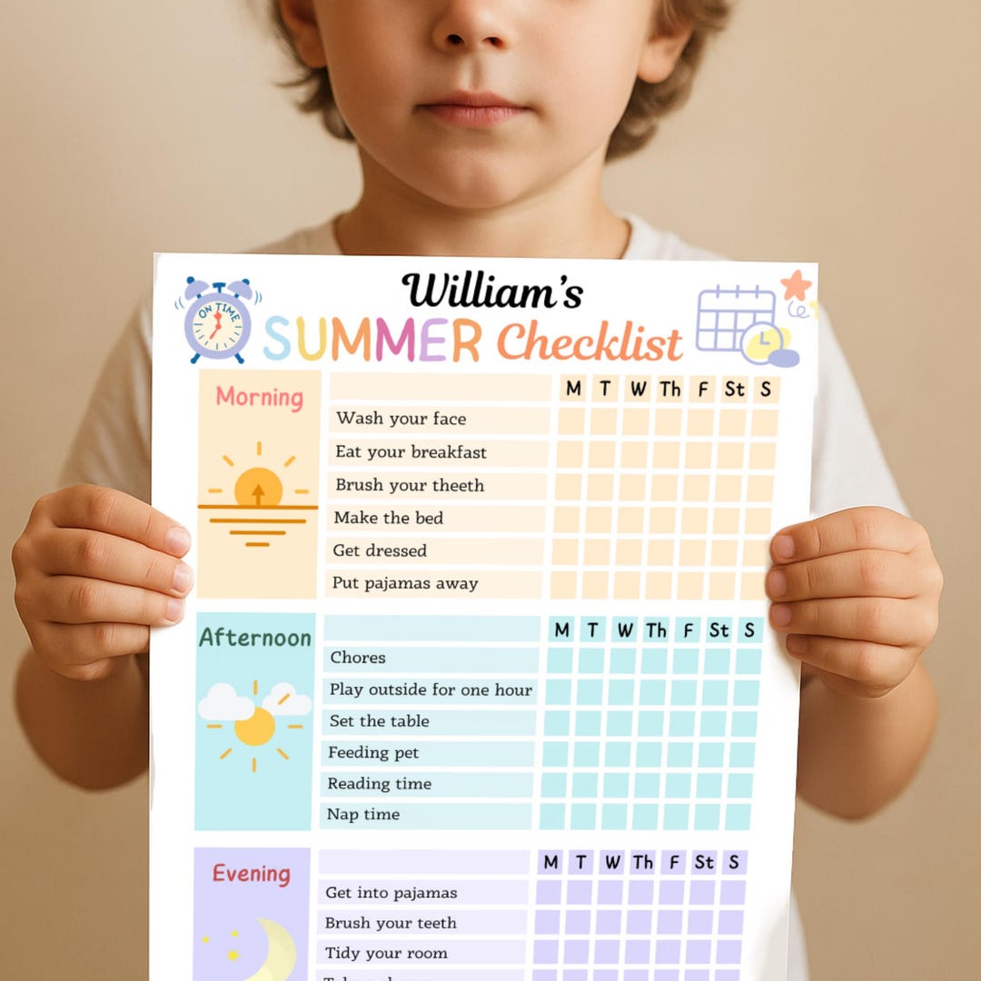 Summer Daily Checklist for Kids, Responsibility Chart, to Do List ...