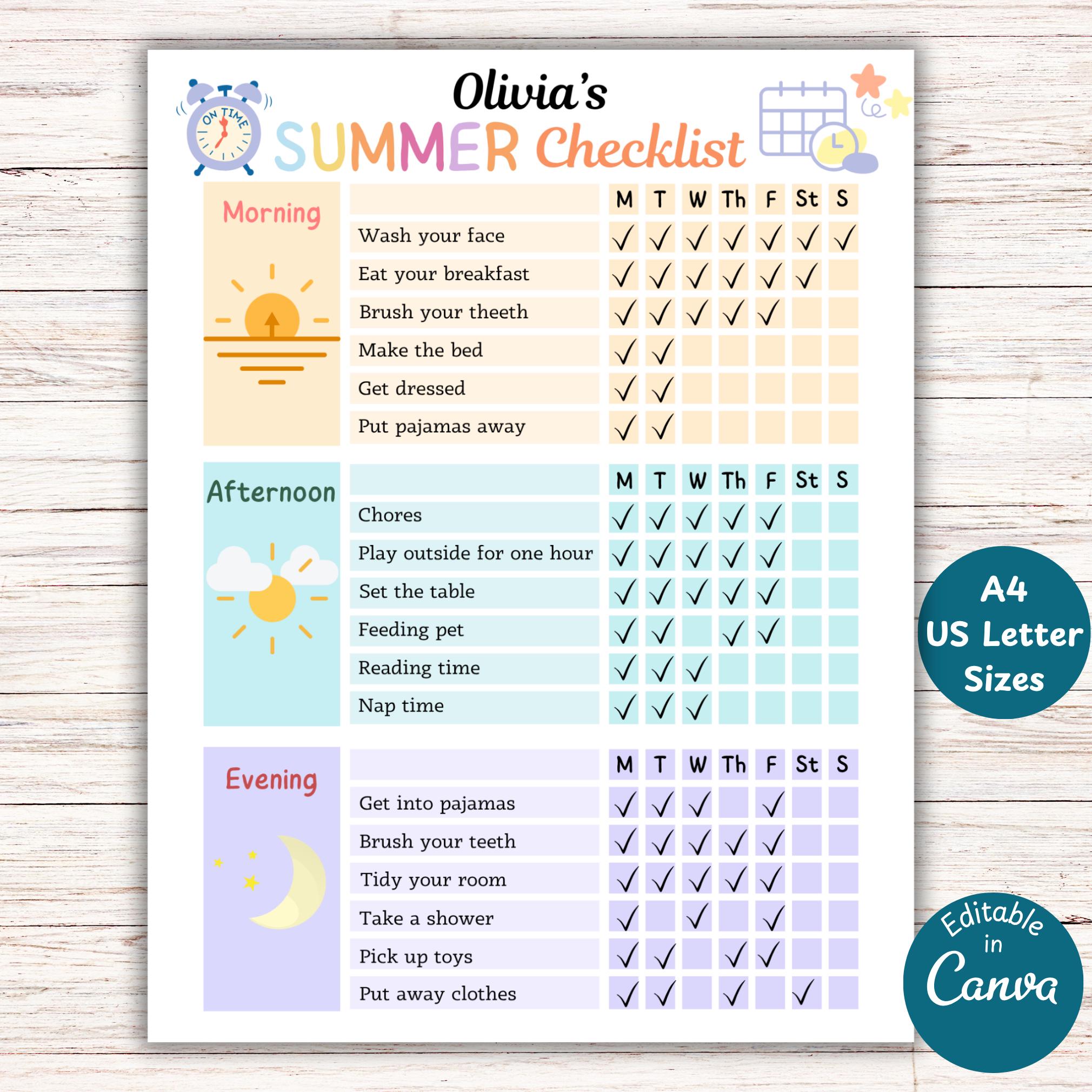 Summer Daily Checklist for Kids, Responsibility Chart, to Do List ...