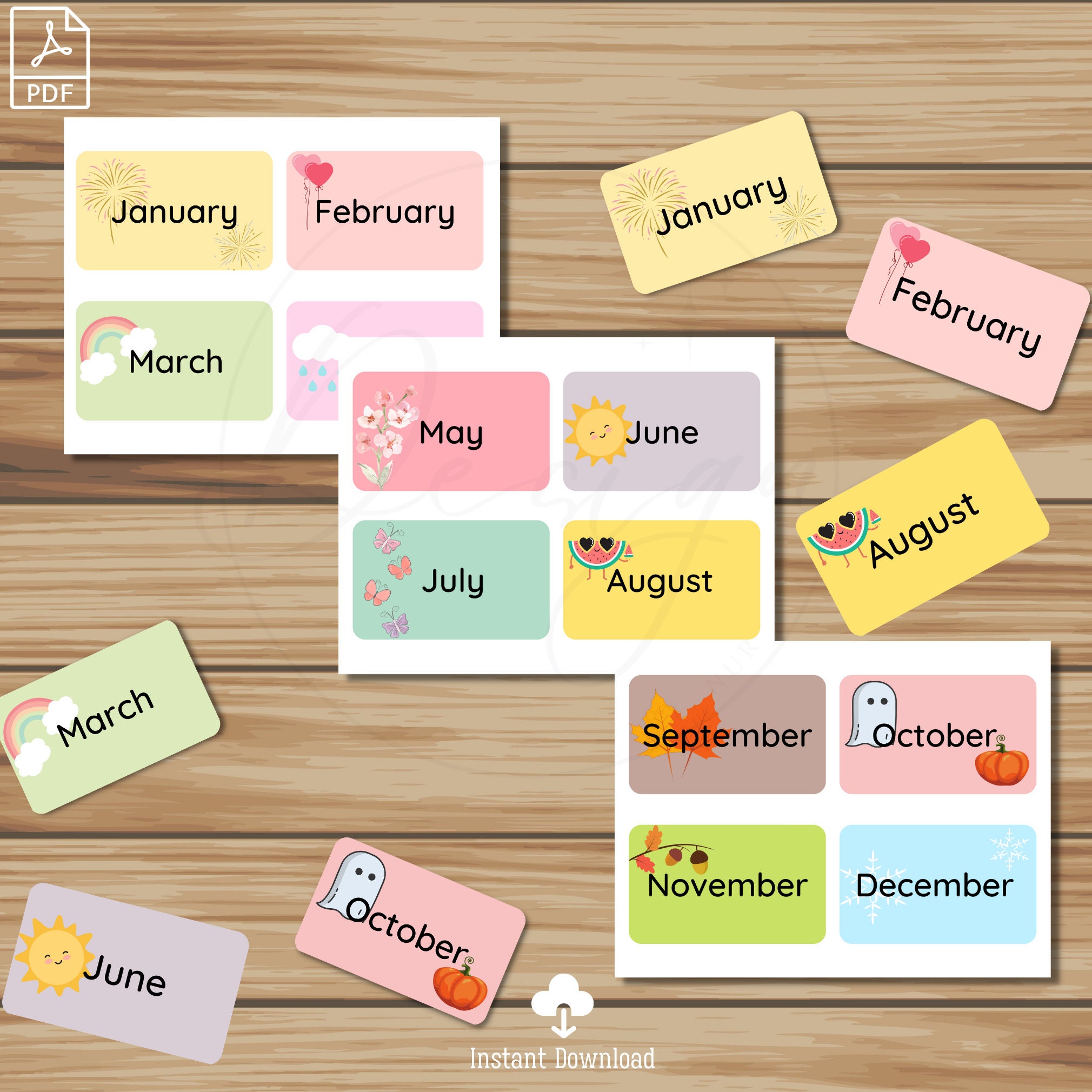 Months of the Year Flash Cards: Montessori Educational Print (digital ...