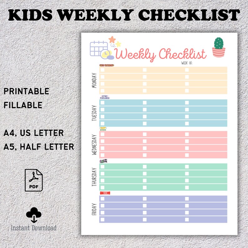 Editable Weekly Checklist, Weekly Planner for Kids, Student Calendar ...