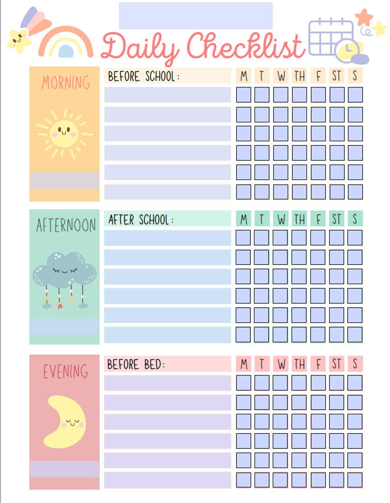 Kids Daily School Checklist Responsibility Chart to Do List - Etsy