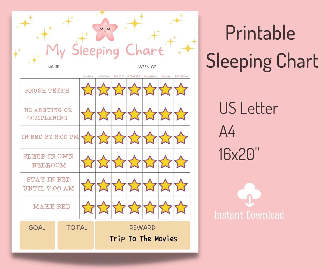 Printable Kid's Sleeping Chart, Kids Stay in Bed All Night Reward Chart ...