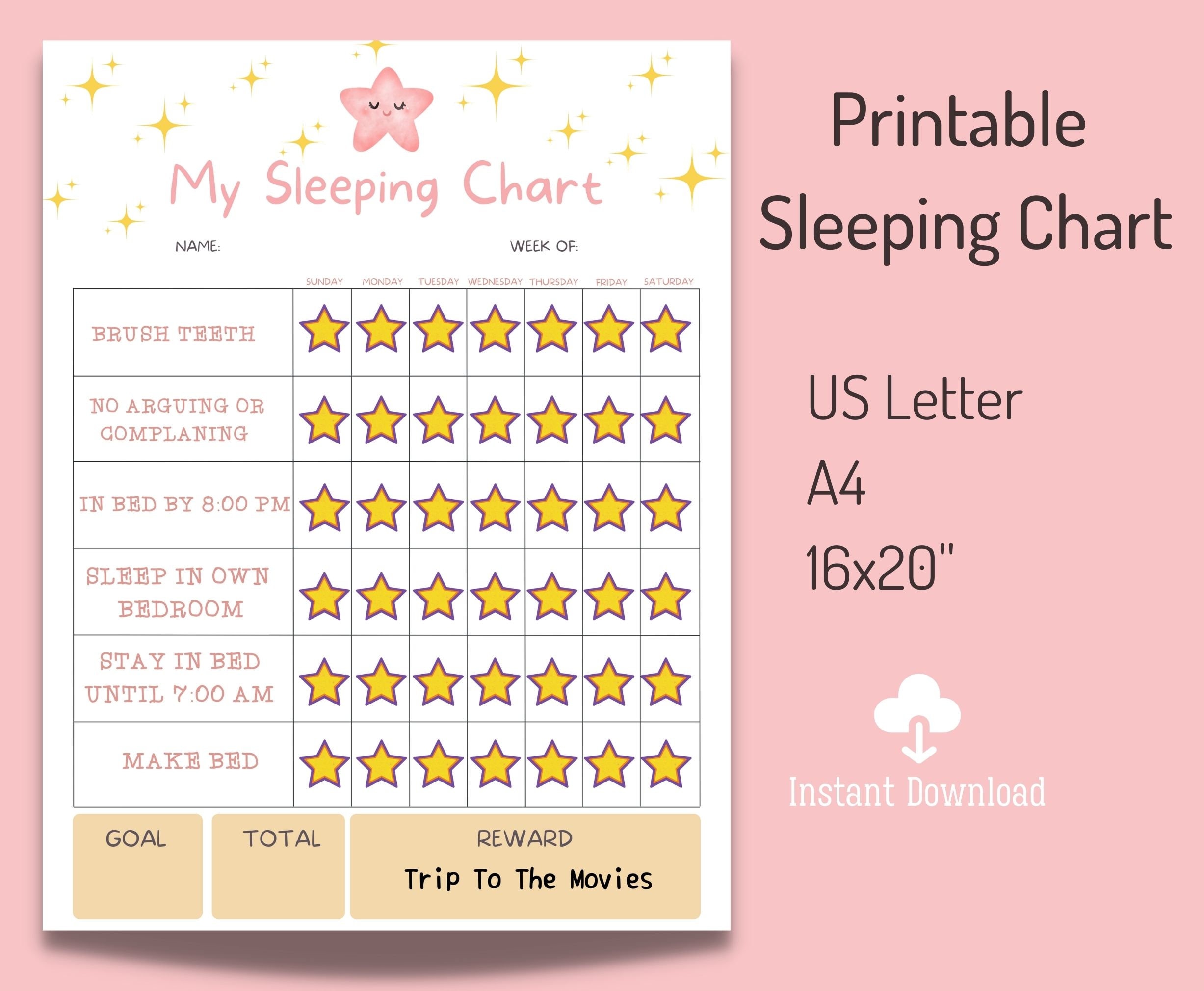 Printable Kids Sleeping Chart: Bedtime Routine Tracker (digital ...