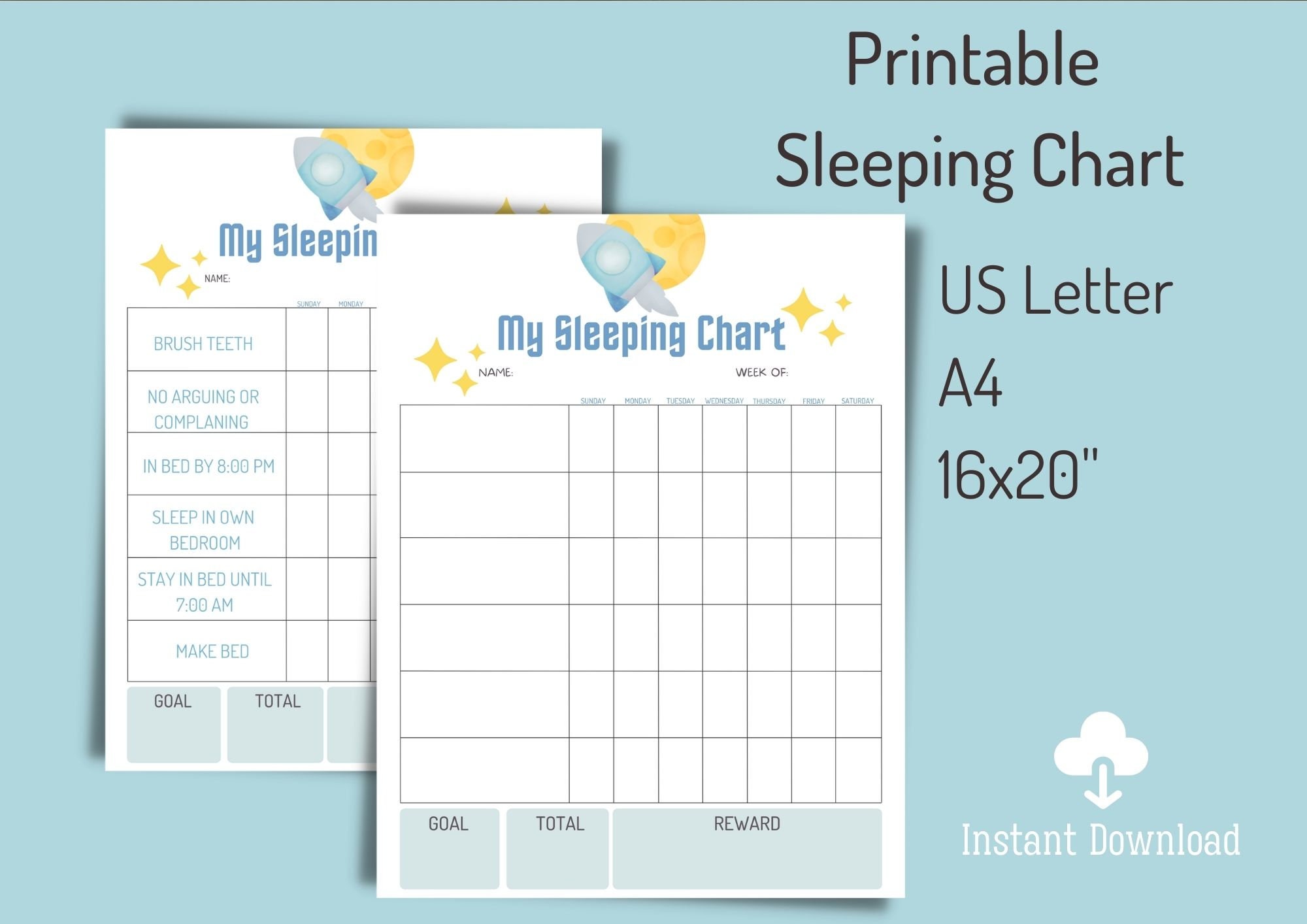 Printable Kid's Sleeping Chart, Kids Stay in Bed All Night Reward Chart ...