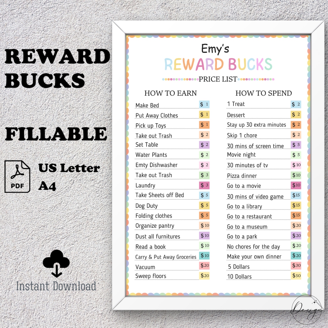 Editable Kids Reward Bucks, Printable, Mom Bucks, Kids Reward Coupons ...