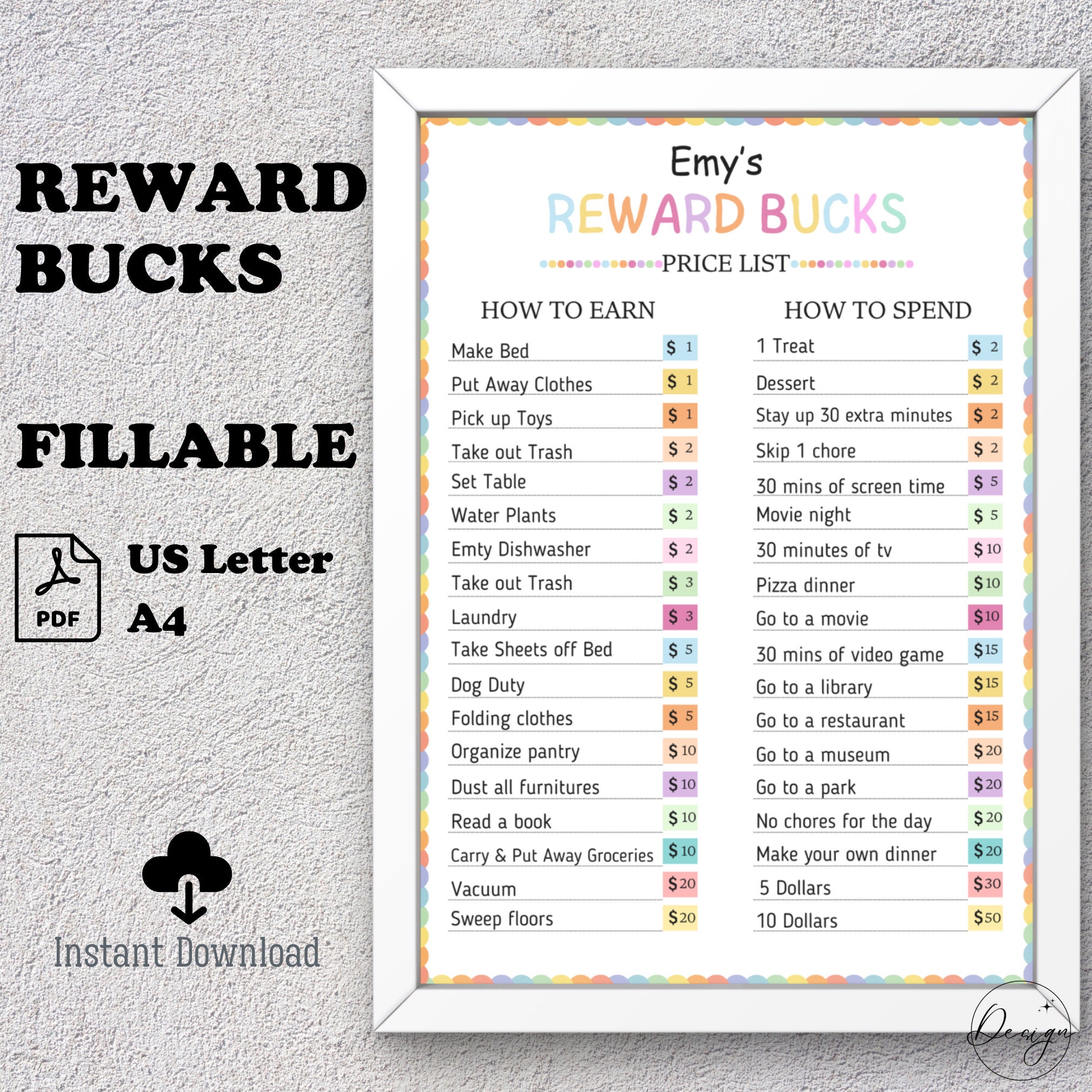 Editable Kids Reward Bucks, Printable, Mom Bucks, Kids Reward Coupons ...