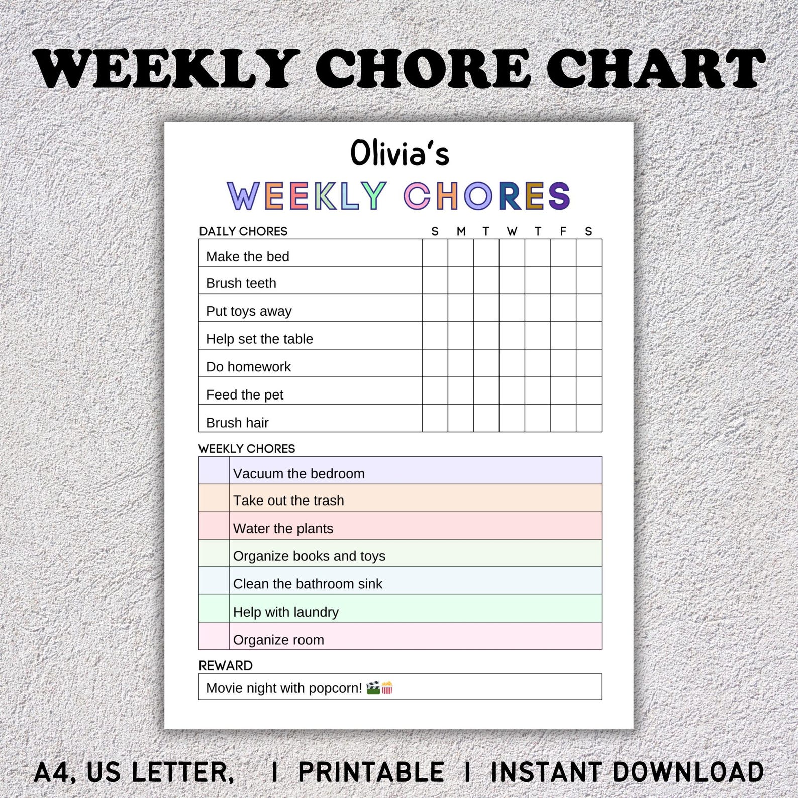 Chore Chart for Kids, Daily and Weekly Chore Chart, Kids Responsibility ...
