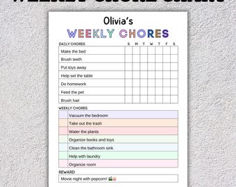 Chore Chart for Kids, Editable Daily and Weekly Kids Chore Chart, Teens ...