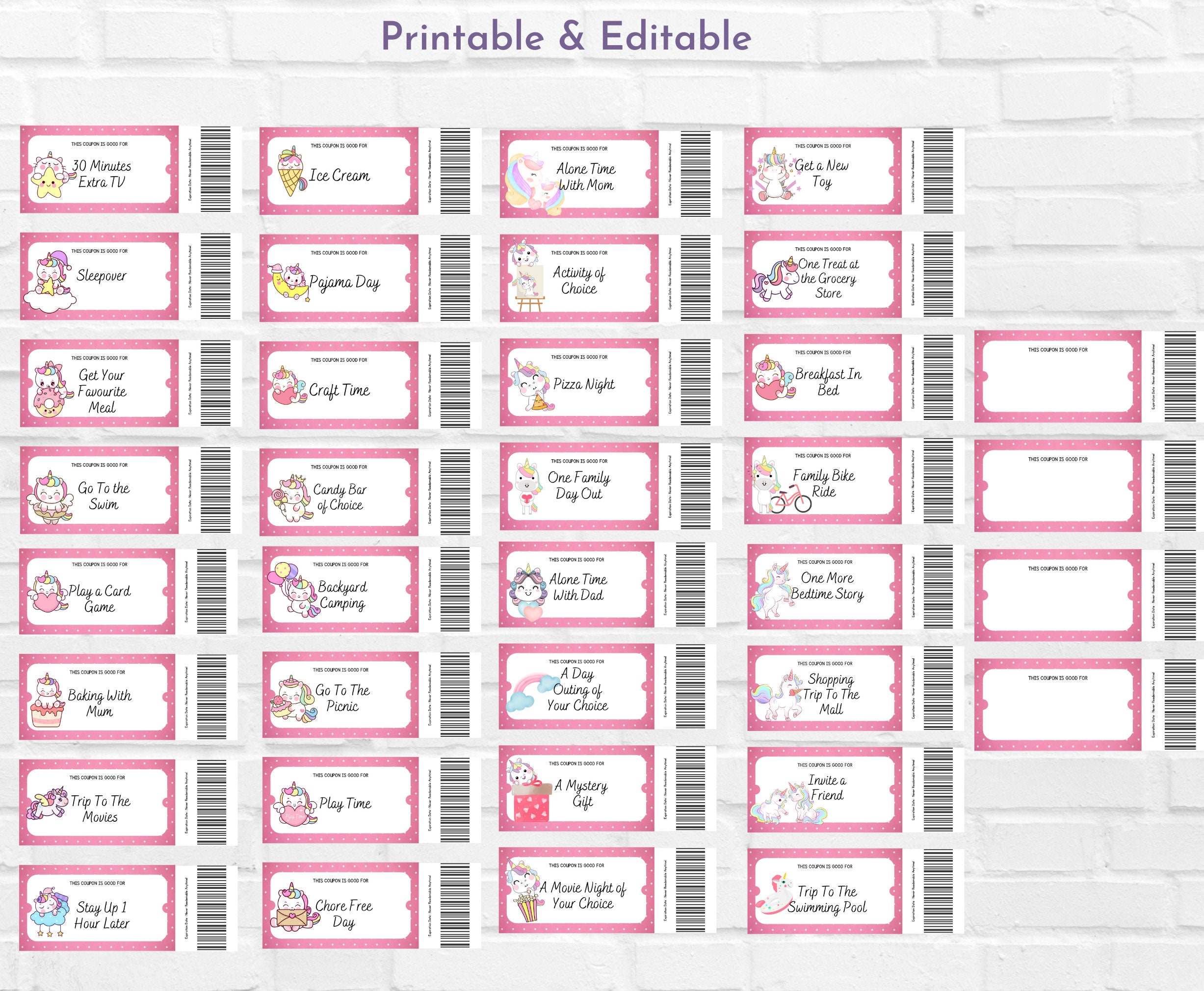 Unicorn Reward Coupons for Girls: Good Behavior Tickets (PDF Template ...