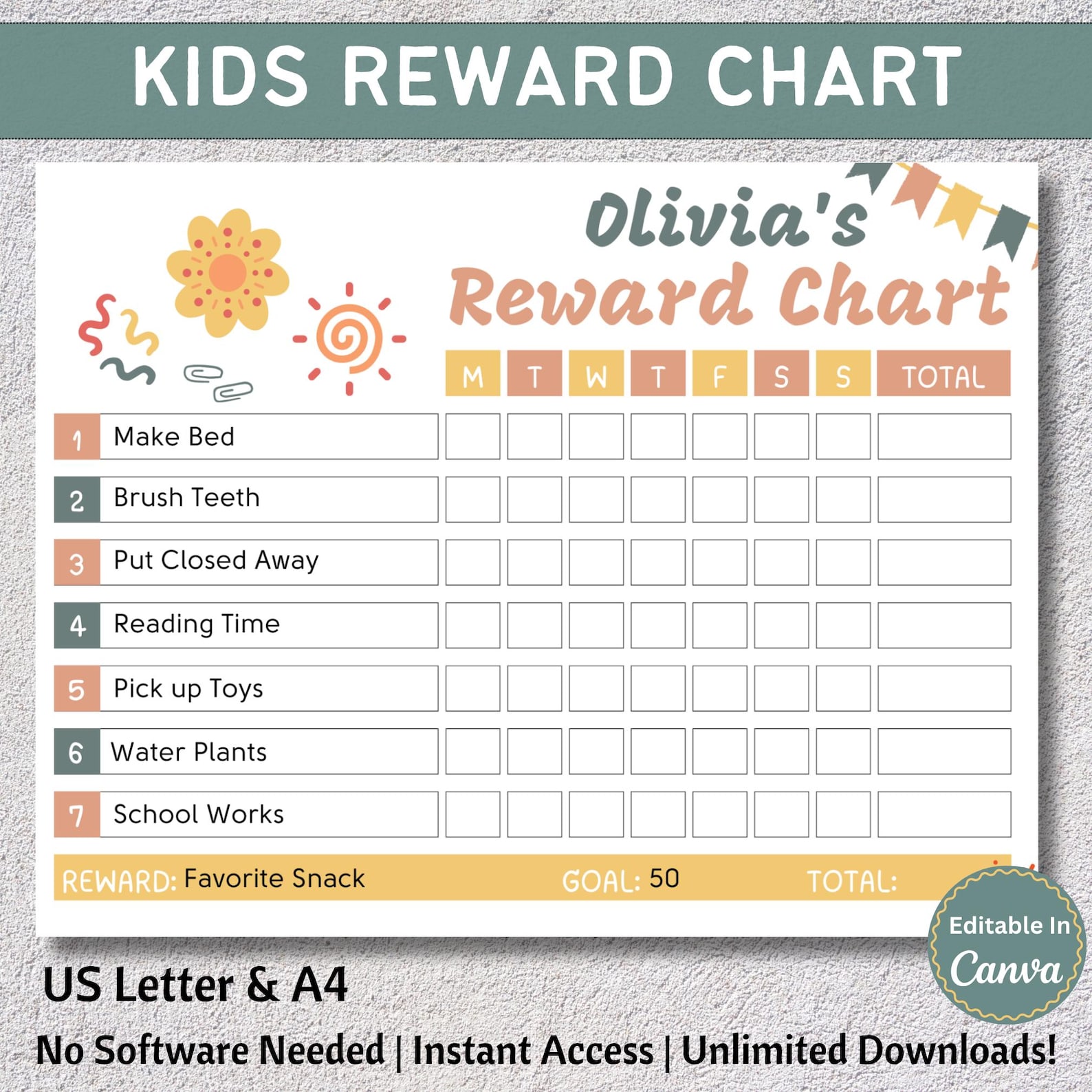 Kids Reward Chart, Daily Checklist, Weekly Chore Chart, Chore Tracker ...