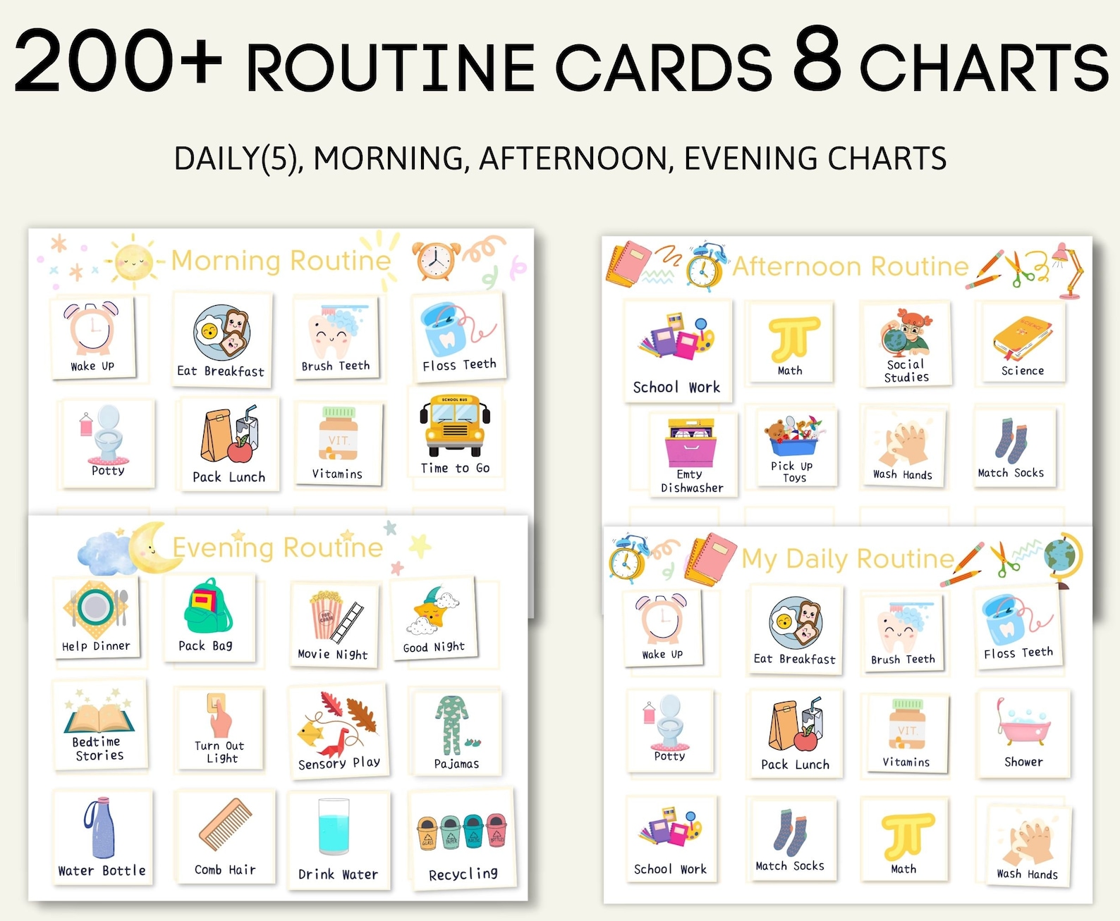 200 Daily Routine Cards, Editable Kids Daily Rhythm Cards, Toddler ...
