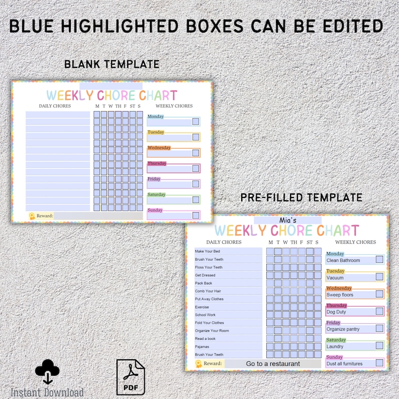Editable Chore Chart for Kids, Printable Weekly Chore Chart ...