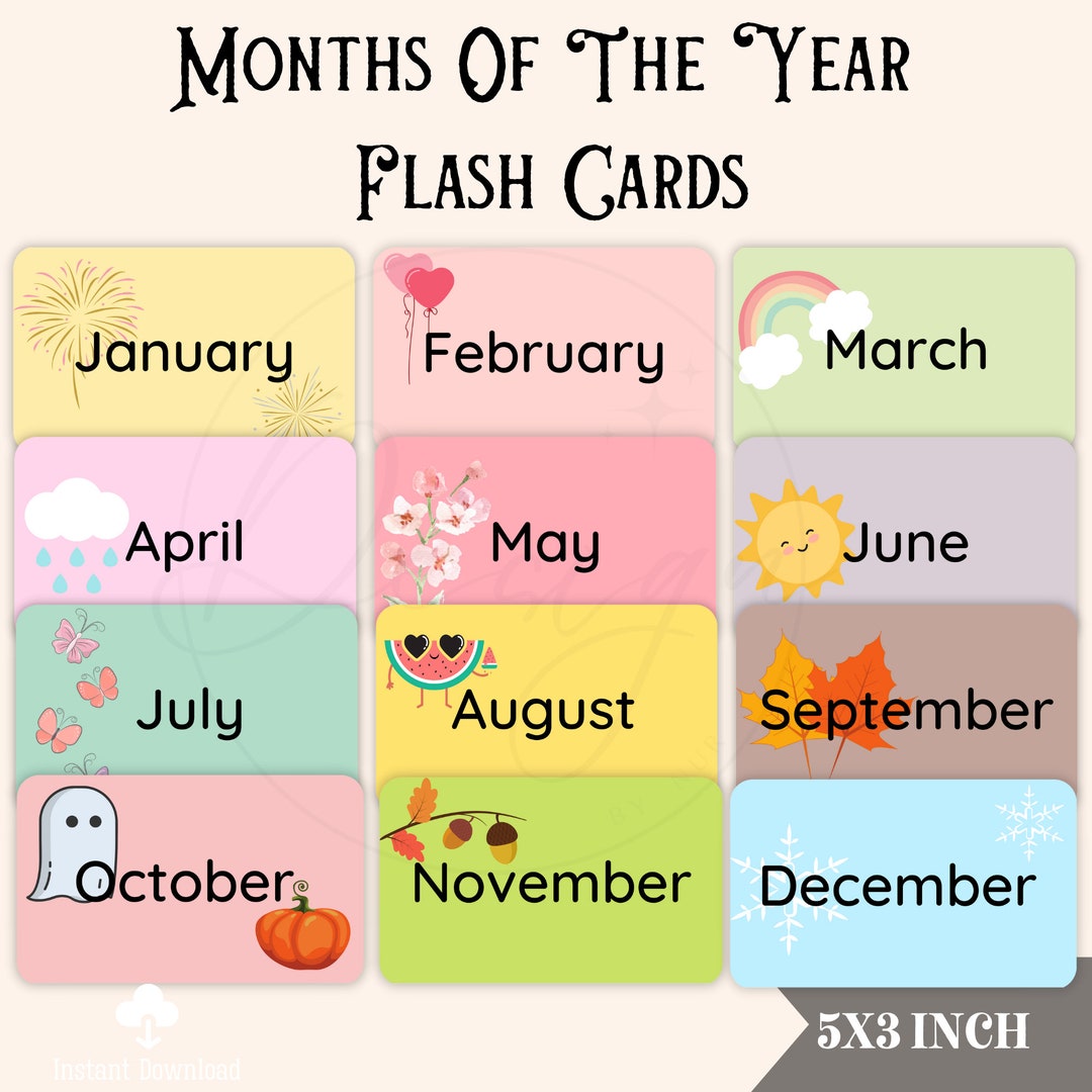 Months of the Year Flash Cards: Montessori Educational Print (digital ...