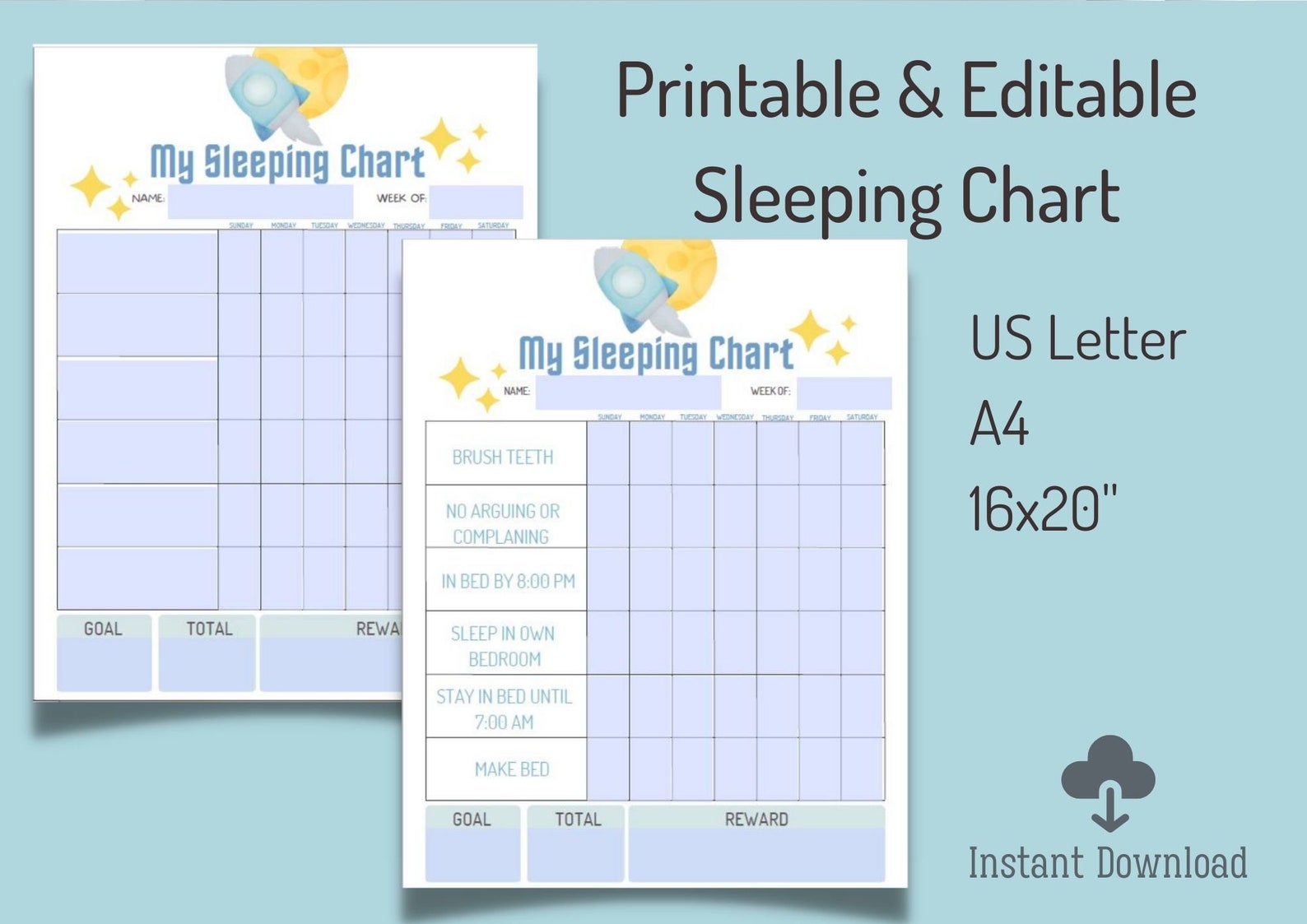 Printable Kids Sleeping Chart: Bedtime Routine Tracker (digital ...