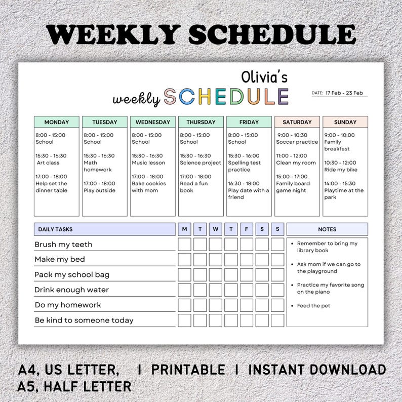 Editable Weekly Schedule for Kids | Kids Weekly Planner PDF | Weekly ...