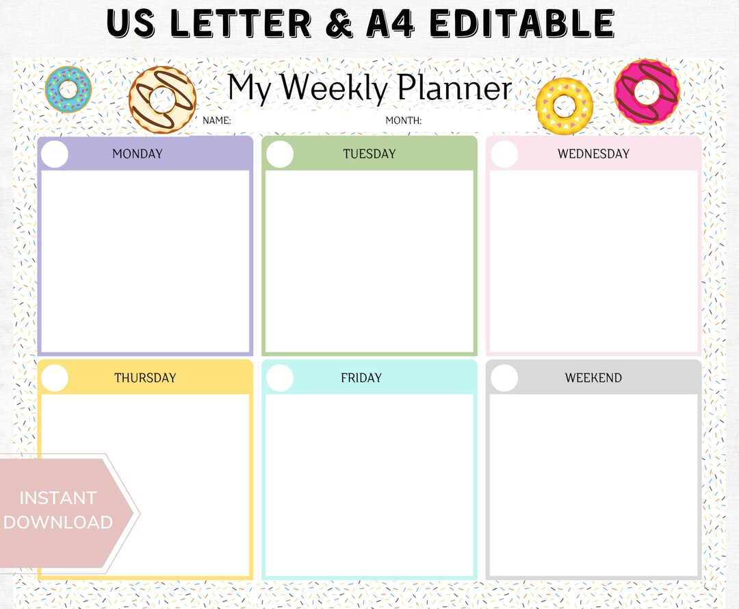 Kids Weekly Planner, Donut Daily Planner, Printable Digital Download ...