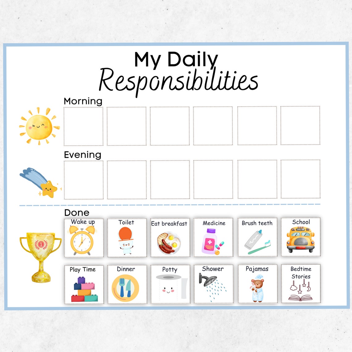 Kids Daily Responsibility Chart, Printable Daily Routine, Visual ...