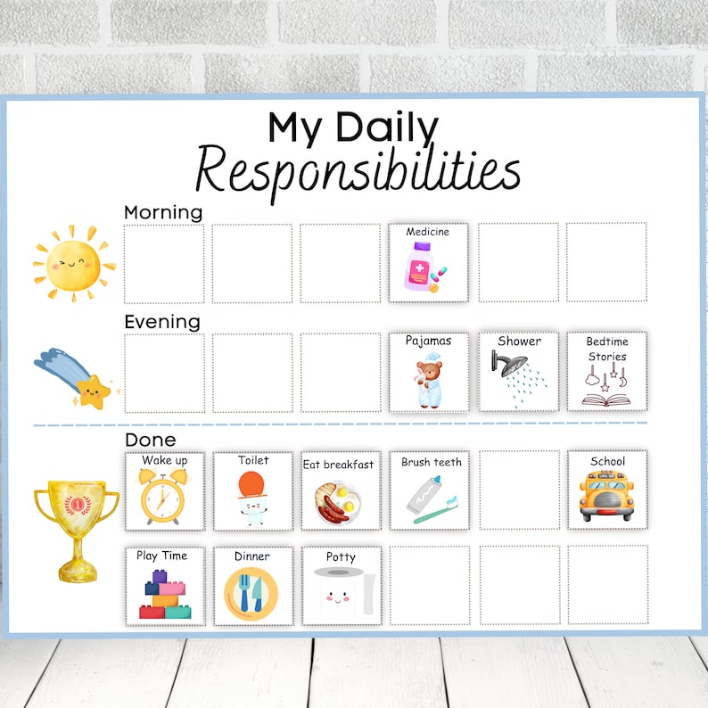 Kids Daily Responsibility Chart, Printable Daily Routine, Visual ...
