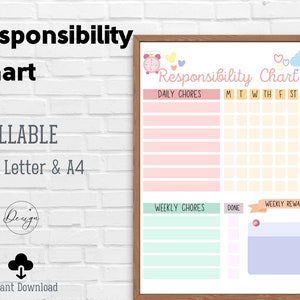 Responsibility Chart, Kids Daily School Checklist, to Do List, Editable ...
