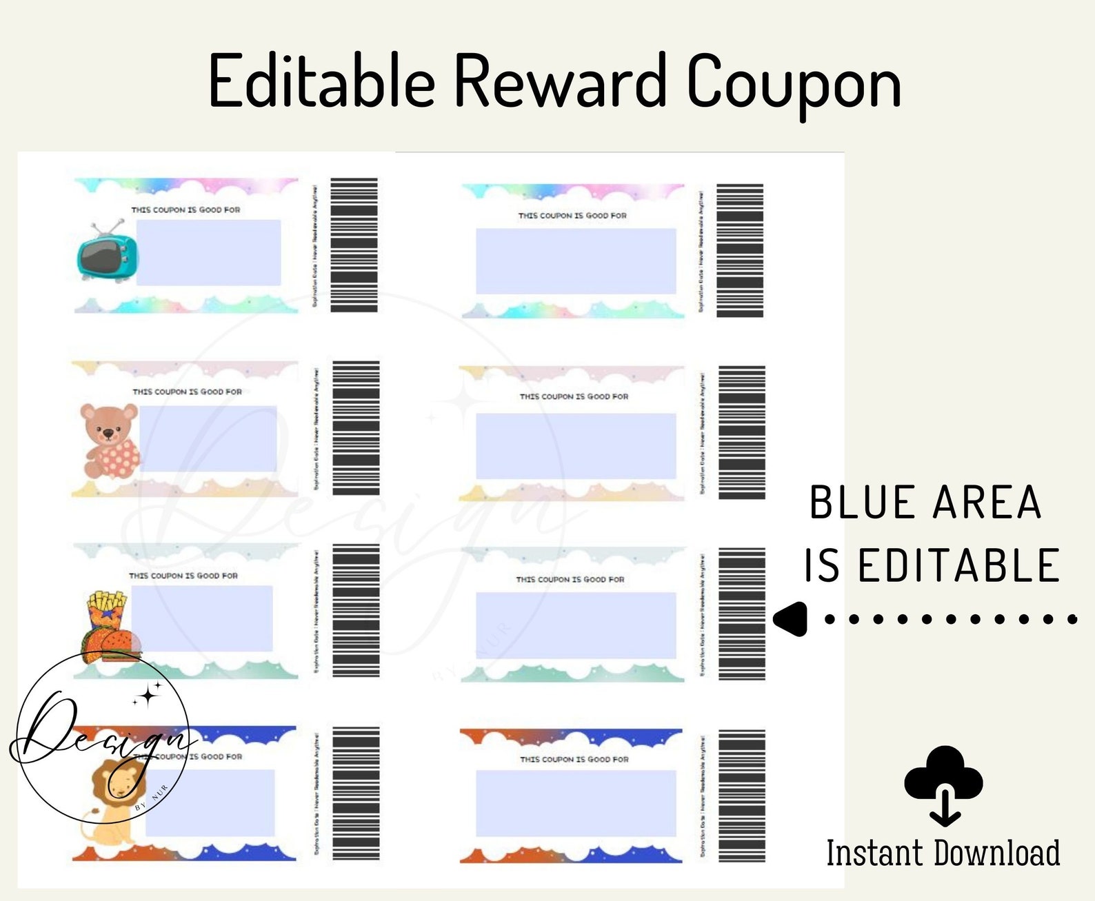 Printable Kids Reward Coupons, Editable Reward Coupons, Pre-filled ...