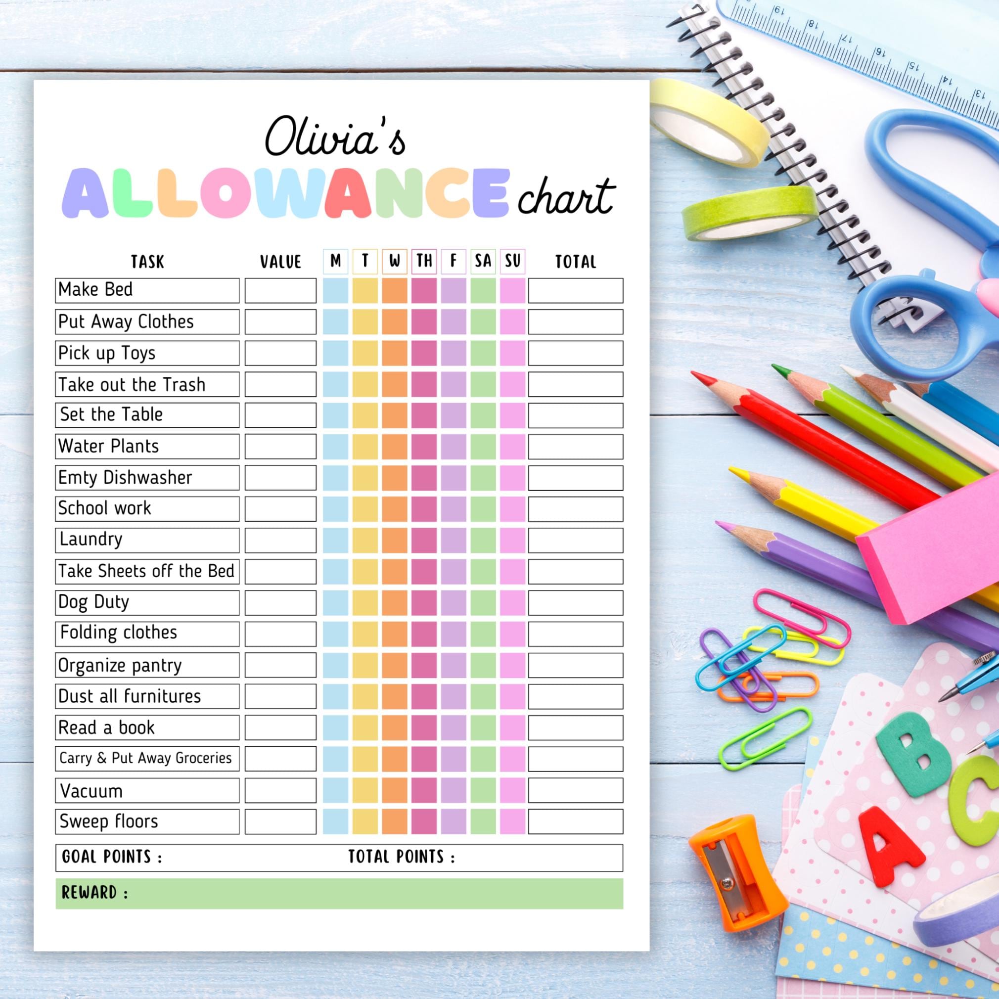 Editable Allowance Chart, Kids Reward Bucks, Printable, Mom Bucks, Kids ...