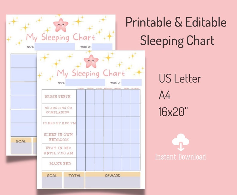 Printable Kids Sleeping Chart: Bedtime Routine Tracker (digital ...
