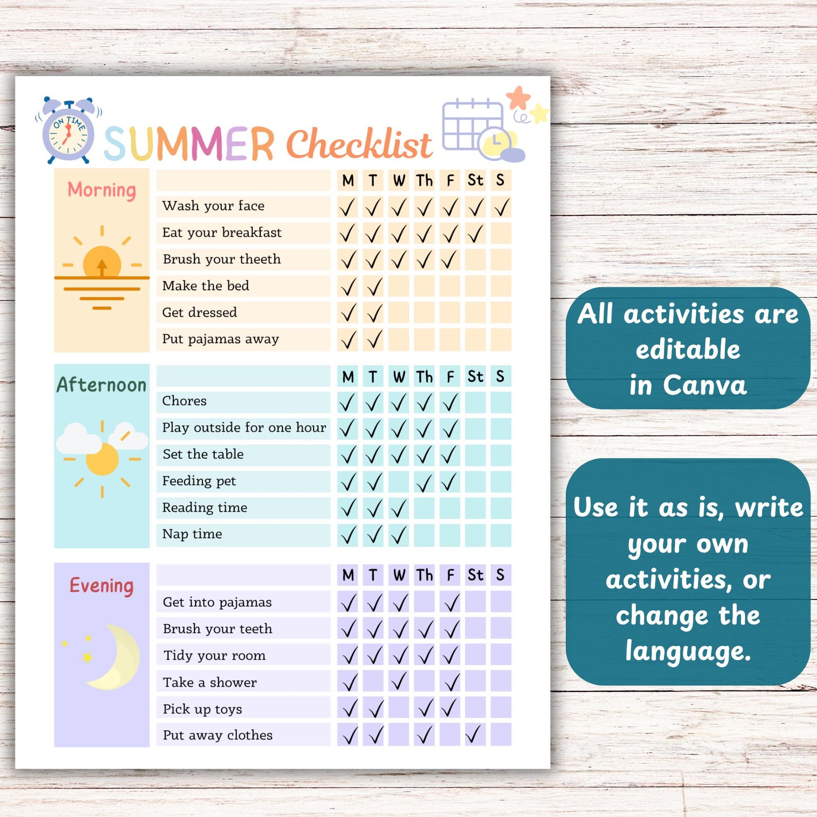 Summer Daily Checklist for Kids, Responsibility Chart, to Do List ...