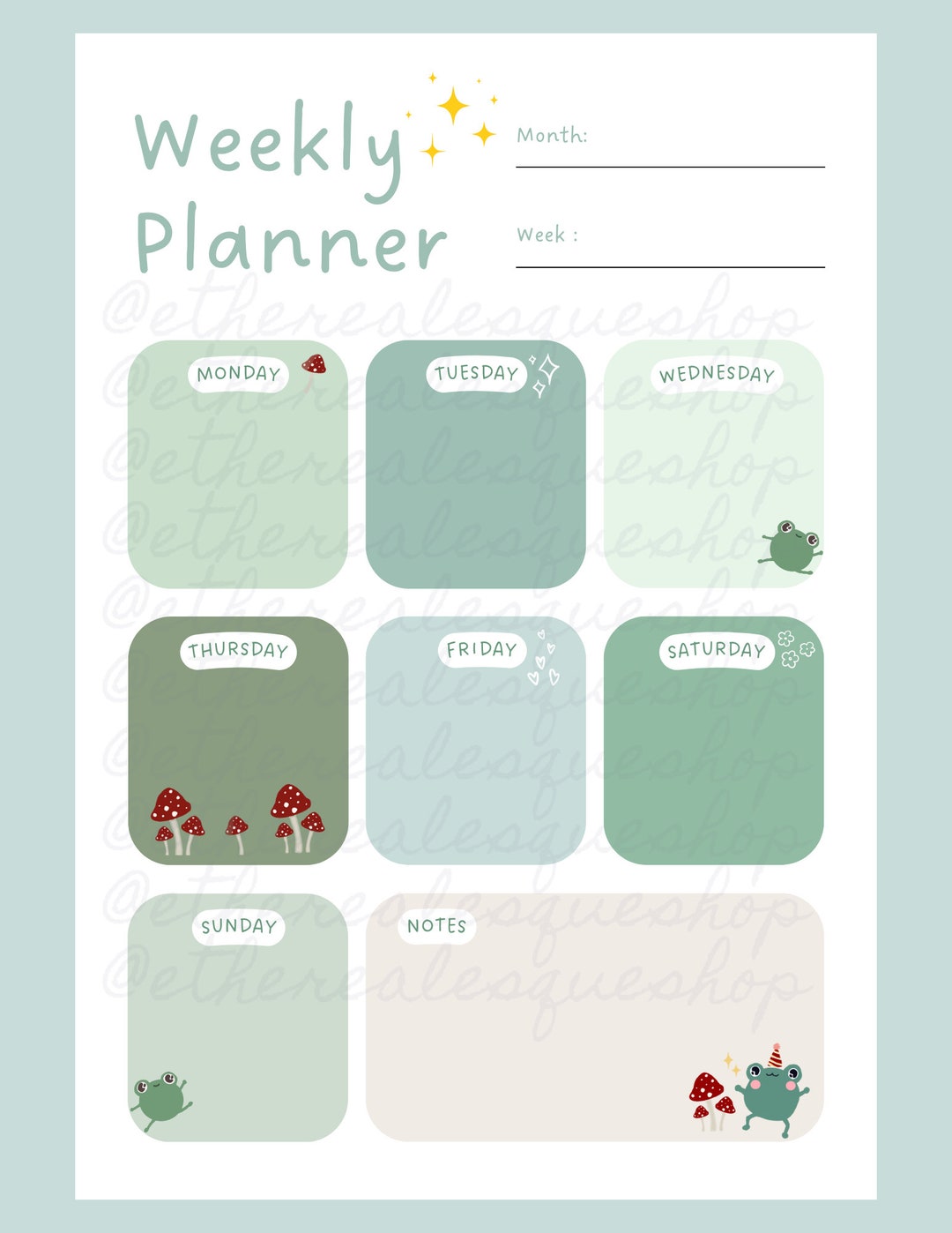 Frog Weekly Planner Template - Etsy