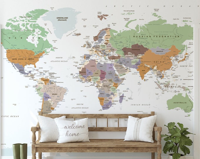 Map Wallpaper Political World Map With Country Flag Wall Mural - Etsy