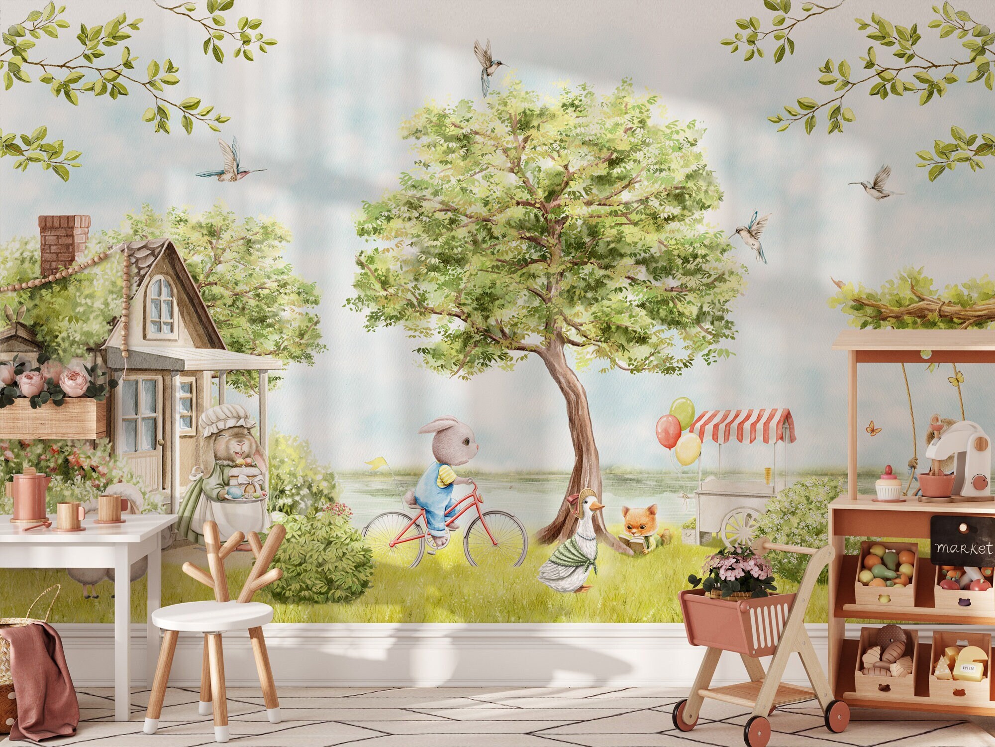 Kids Wallpaper | Watercolor Forest with Cute Animal Wall Mural | Kids ...