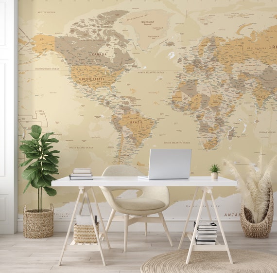 World Map Wallpaper Peel and Stick Soft Political Map Wall - Etsy