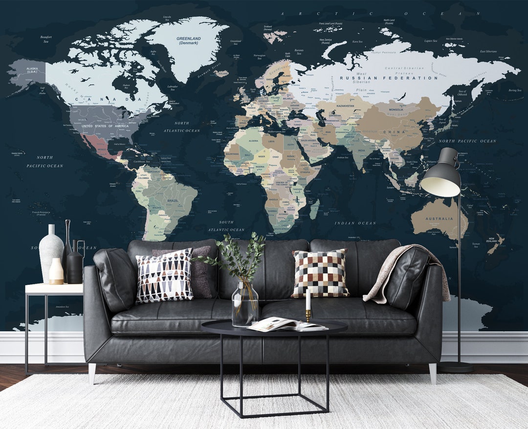 Navy Blue Political World Map Wallpaper | Peel and Stick Removable - Etsy