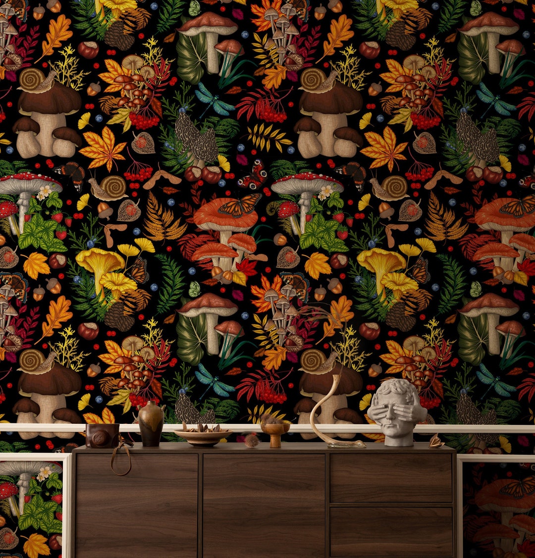 Dark Botanical Wallpaper | Magical Mushroom Garden Wall Mural ...