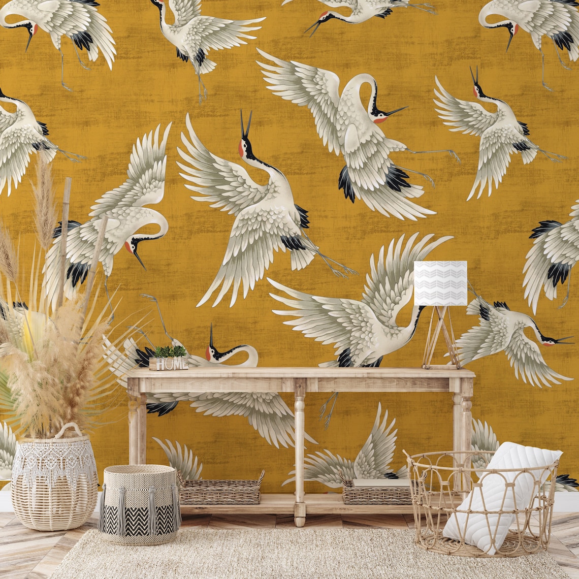 Yellow Crane Birds Wallpaper Peel and Stick Vintage Crane - Etsy Canada