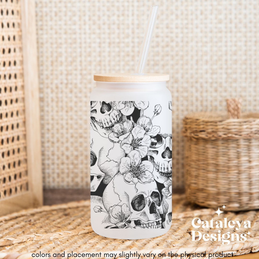 Floral Skull Glass Cup With. Bamboo Lid Reusable Straw Fancy Skull ...