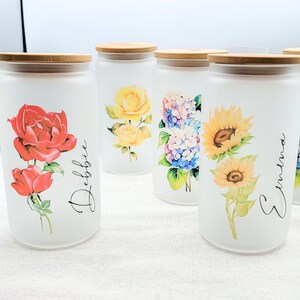 Personalized Floral Name Glass Cup Custom Birth Month Flower Gift ...