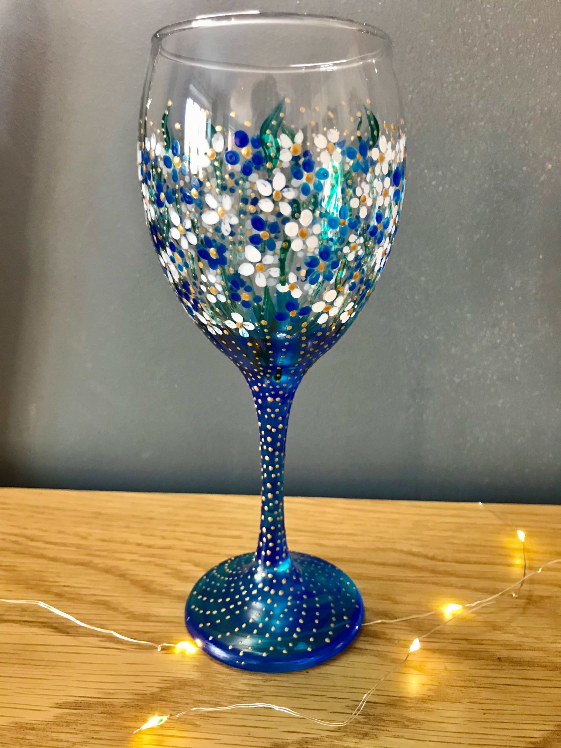 Beautiful hand painted blue flowers medium wine glass. Ideal | Etsy