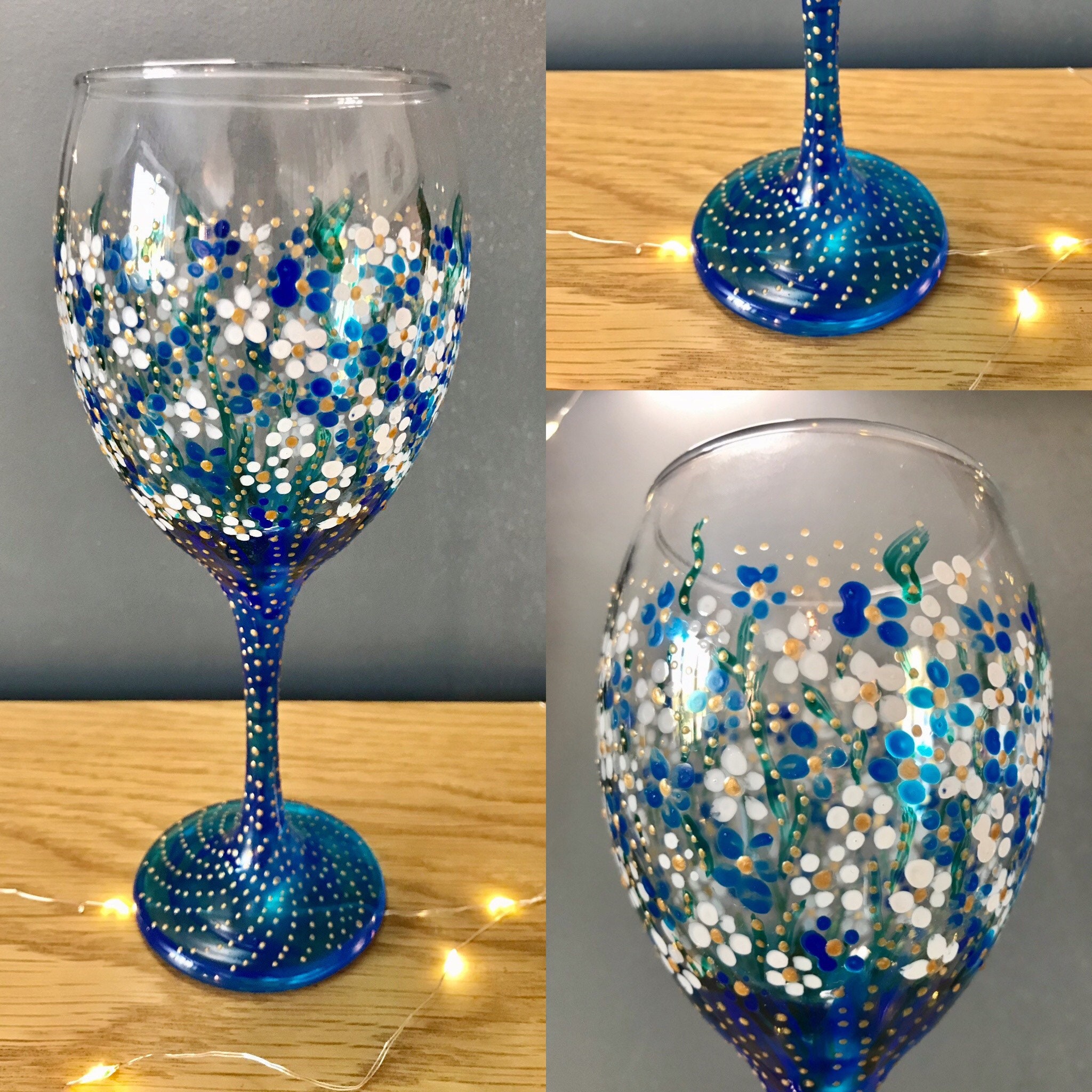 Beautiful hand painted blue flowers medium wine glass. Ideal | Etsy
