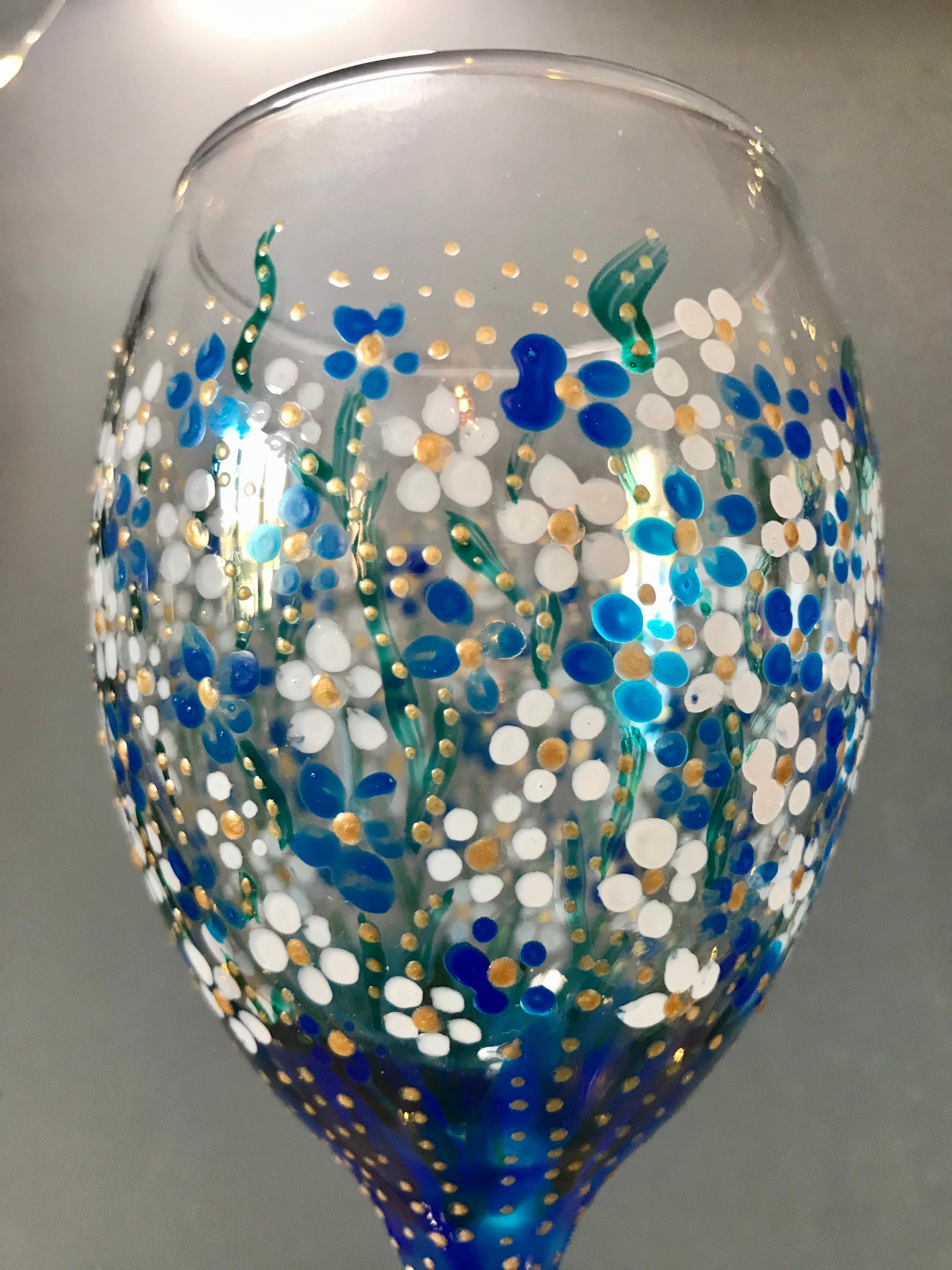 Beautiful hand painted blue flowers medium wine glass. Ideal | Etsy
