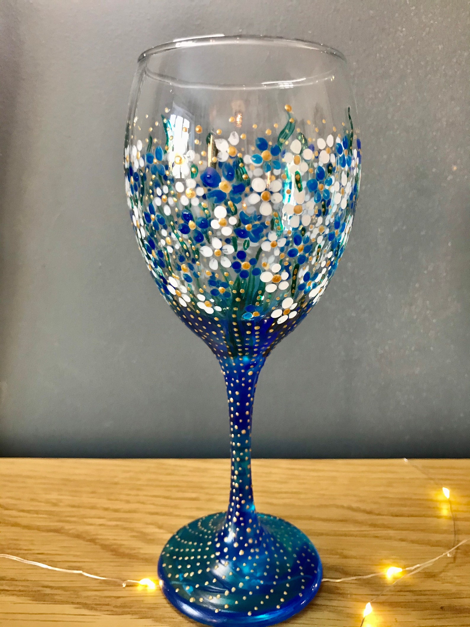 Beautiful hand painted blue flowers medium wine glass. Ideal | Etsy